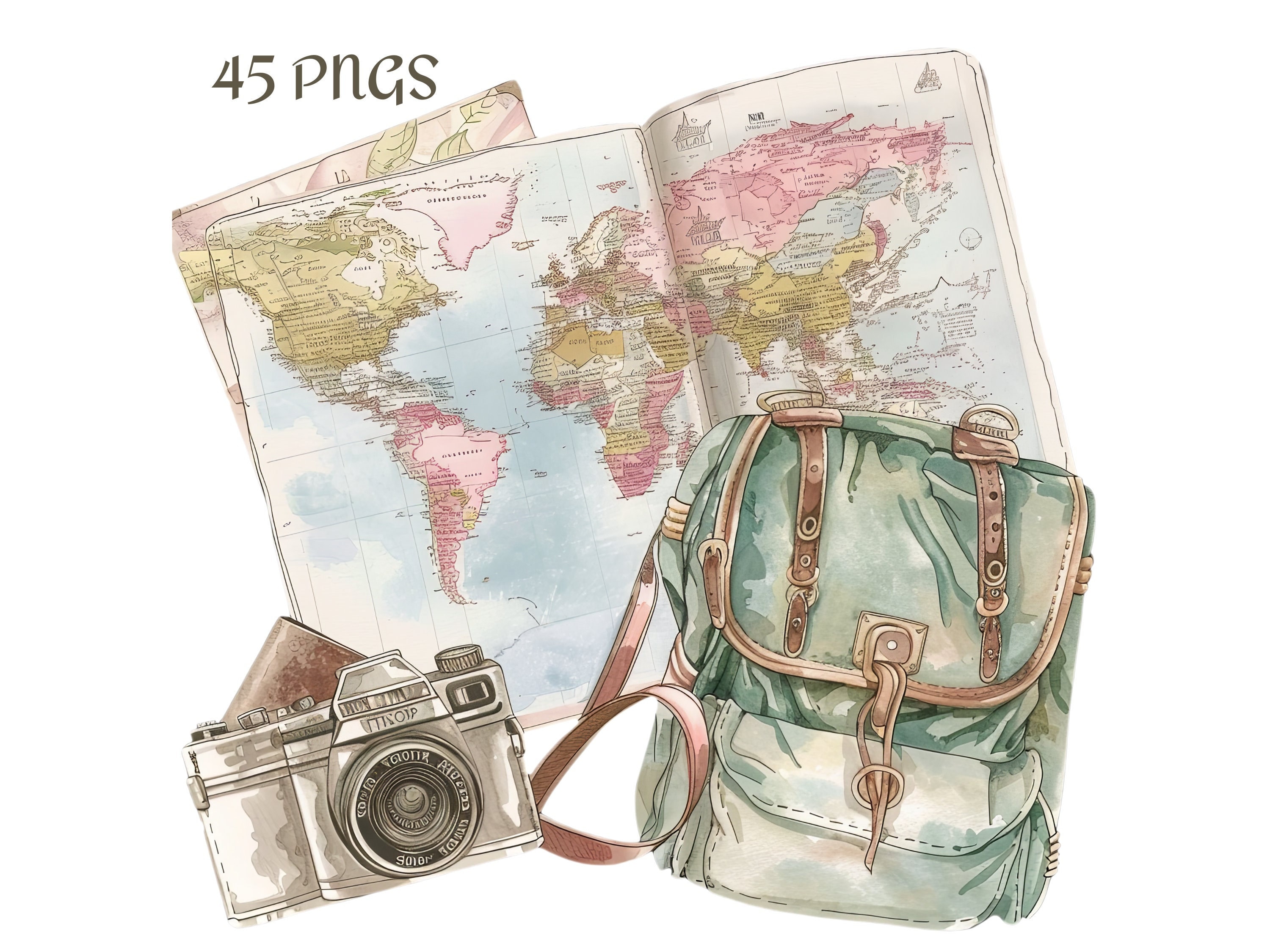 Watercolor Travel Clipart, Vacation Holiday 45 PNG, Suitcase, Plane ...