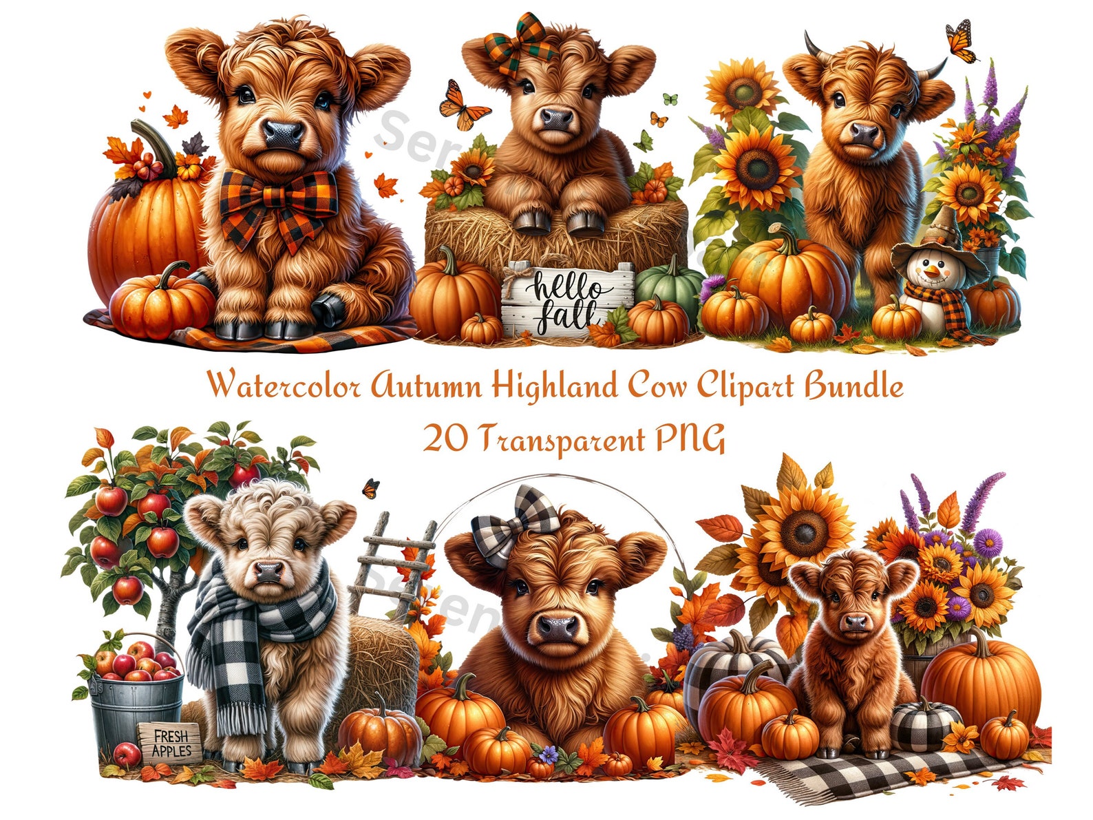 Watercolor Autumn Highland Cow Clipart Bundle, 20 PNG, Baby Animal ...