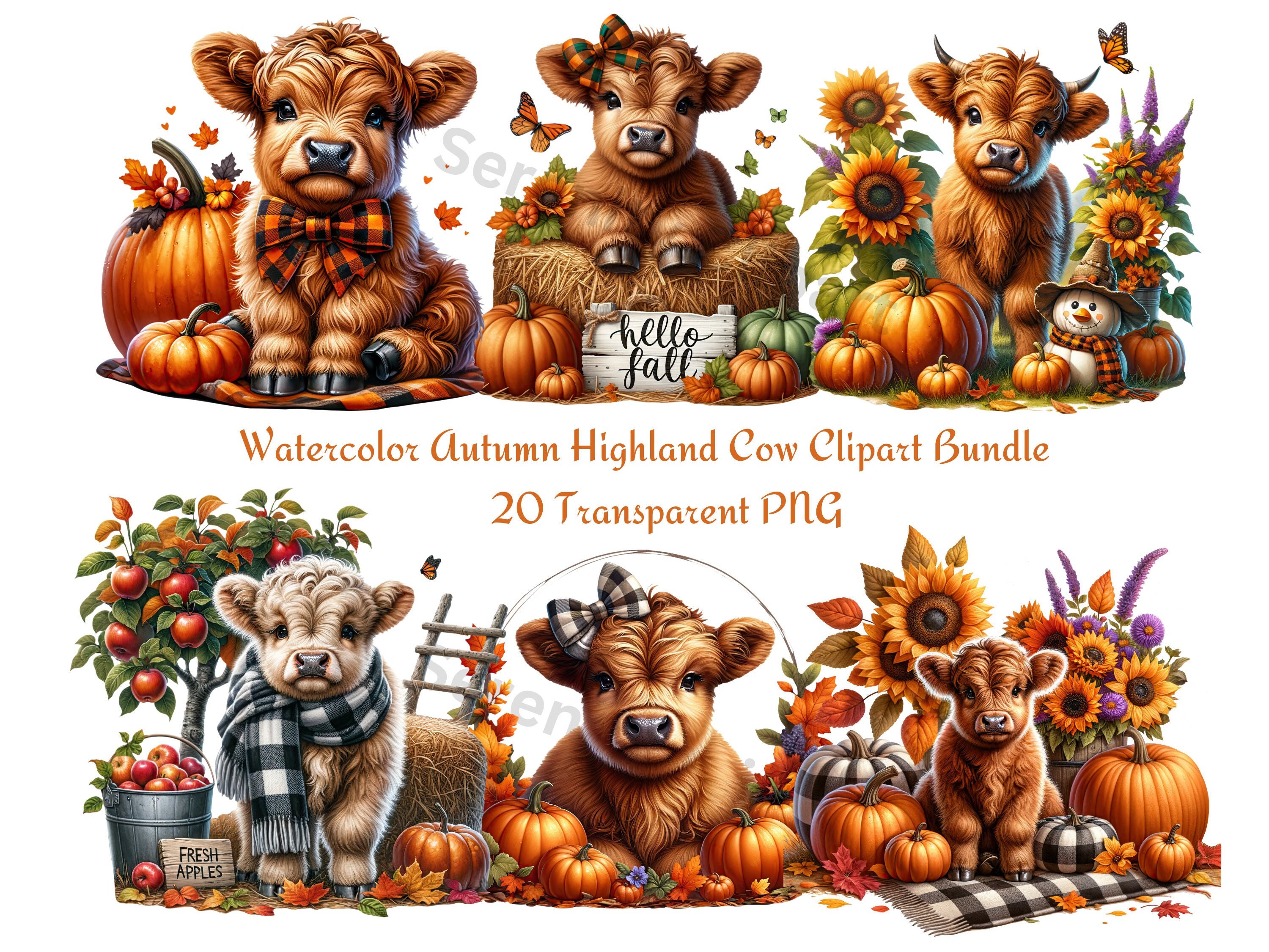 Watercolor Autumn Highland Cow Clipart Bundle, 20 PNG, Baby Animal ...