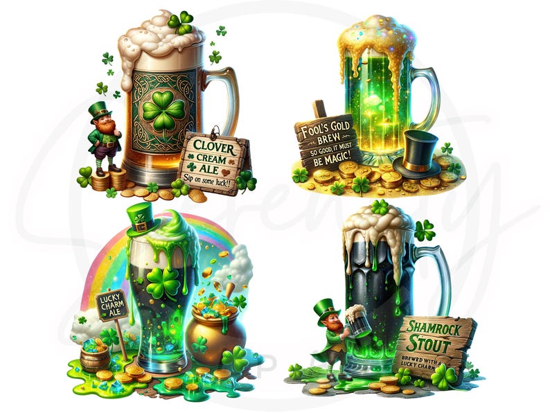 St. Patricks Day Beer Clipart: Watercolor Mugs, Shamrock Designs ...