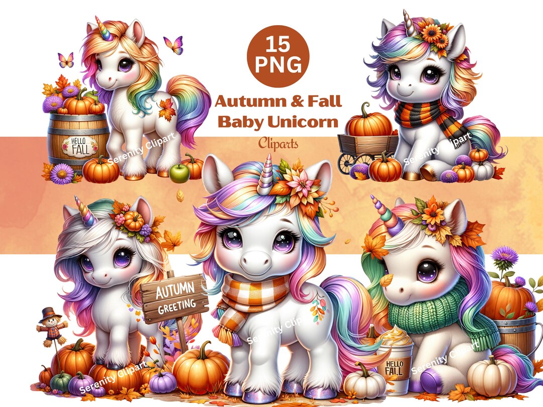Autumn Unicorn Clipart, Cute Baby Unicorns Clipart, Thanksgiving Baby ...