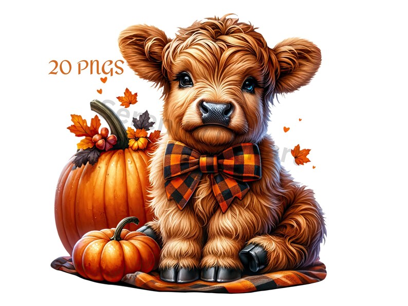 Watercolor Autumn Highland Cow Clipart Bundle, 20 PNG, Baby Animal ...