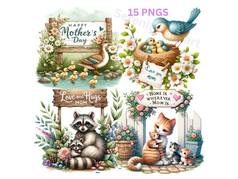 Watercolor Mothers Day Animal Clipart, 15 PNG Animals, Mother Baby ...