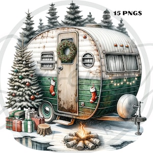 Christmas Caravan Mini Camper RV Clipart Bundle, Watercolor Christmas ...