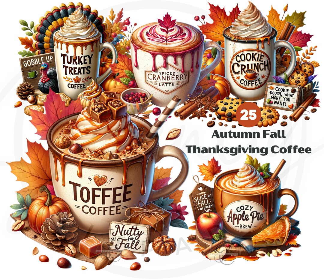 Cozy Autumn Coffee Clipart Bundle Set, Thanksgiving Fall Watercolor PNG ...