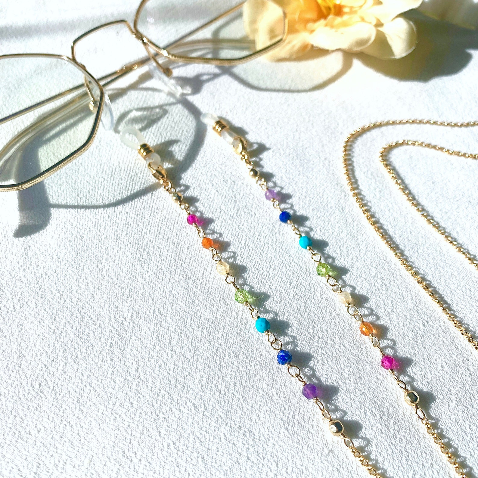 7 Chakra Gemstones Dainty Glasses Chain14k Gold - Etsy