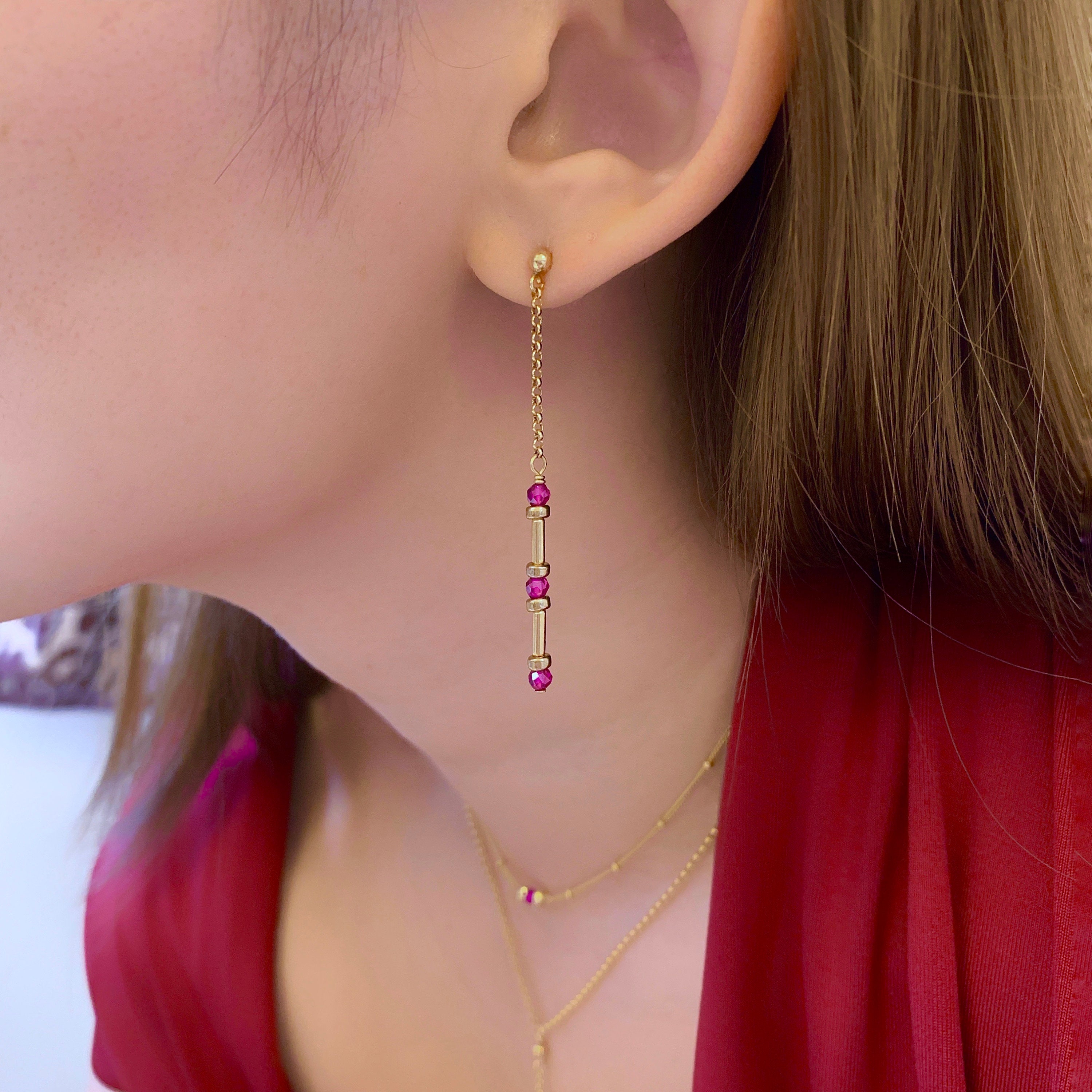 Ruby Bamboo Design Dangle Earrings14k Gold Filled/genuine | Etsy