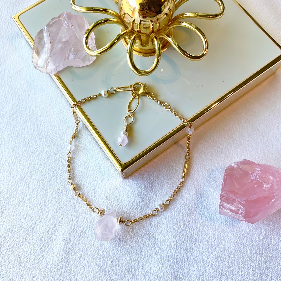Tear Drop Rose Quartz With Tiny White Pearl Bracelet14k Gold - Etsy