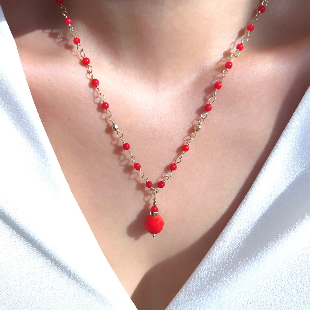 Red Coral Classic Beaded Station Necklace 14K Gold Filled / Red Coral ...