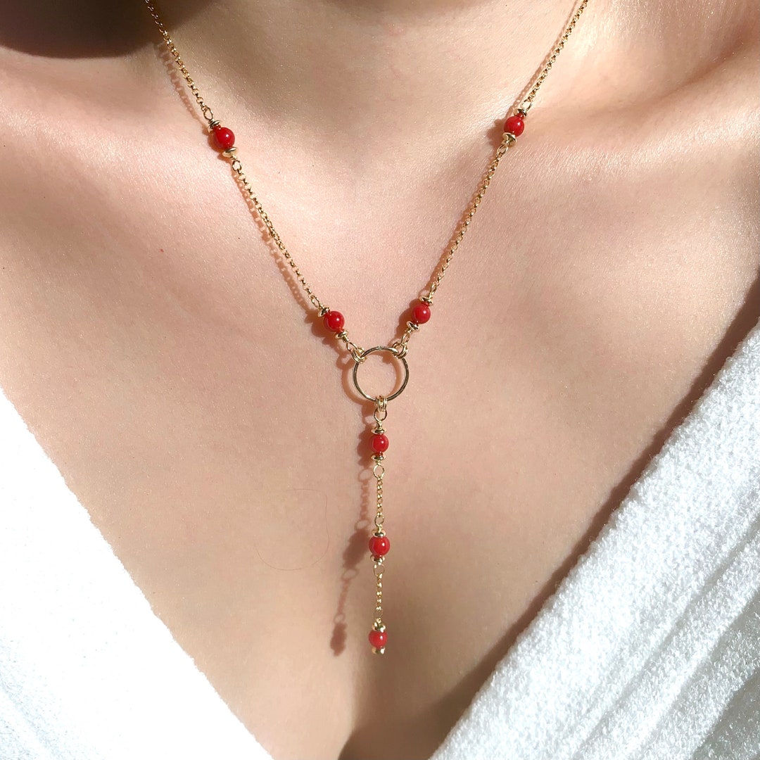 Pule Red Coral and Hammered Ring Y-style Necklace 14K Gold Filled / Red ...