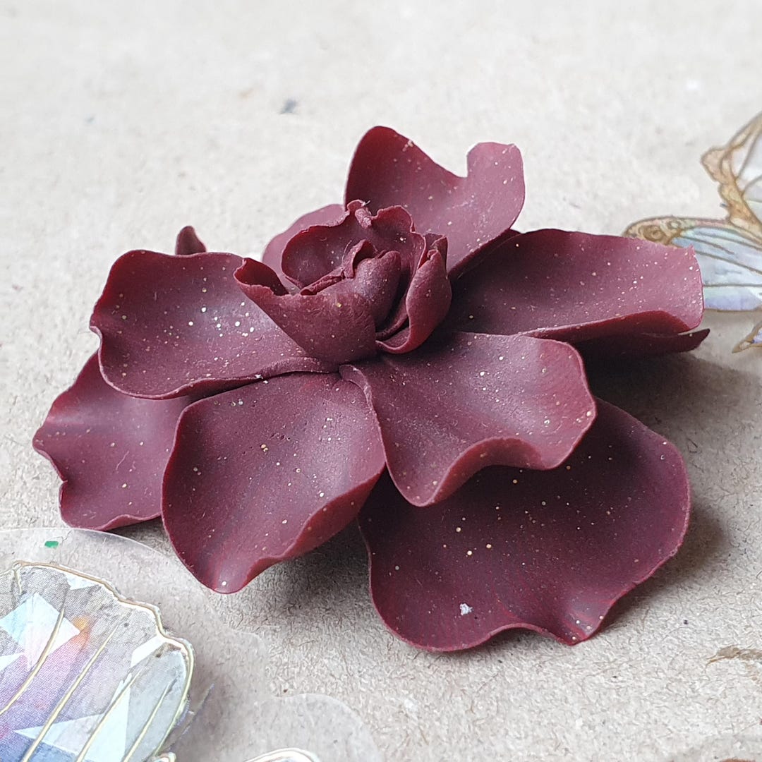 Haitang Stardust Brooch: Dark Red Polymer Clay Flower Pin, Fimo Floral ...