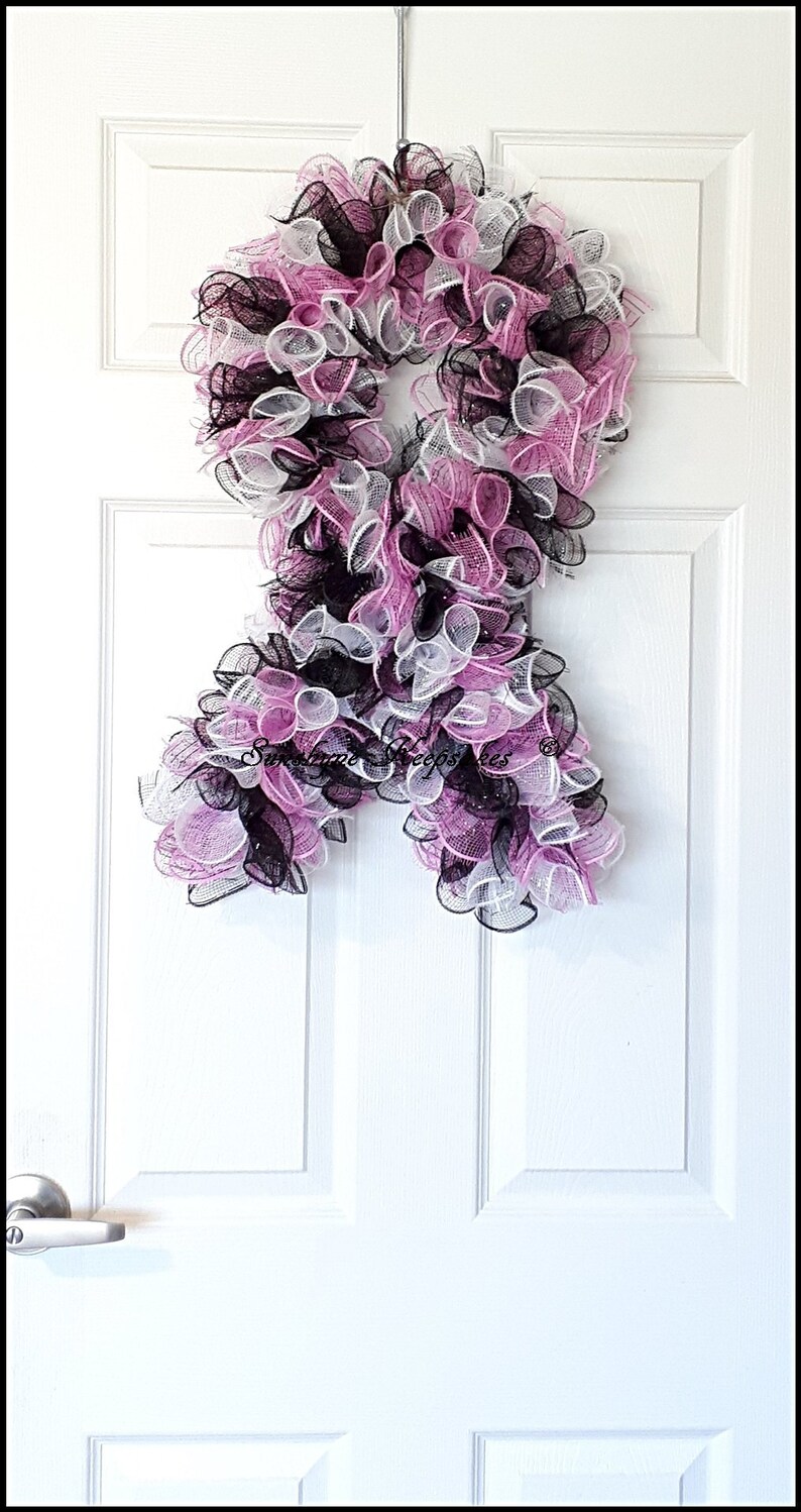 Cancer Awareness Deco Mesh Door Wreath, Pink Ribbon Wreath, Home Decor ...