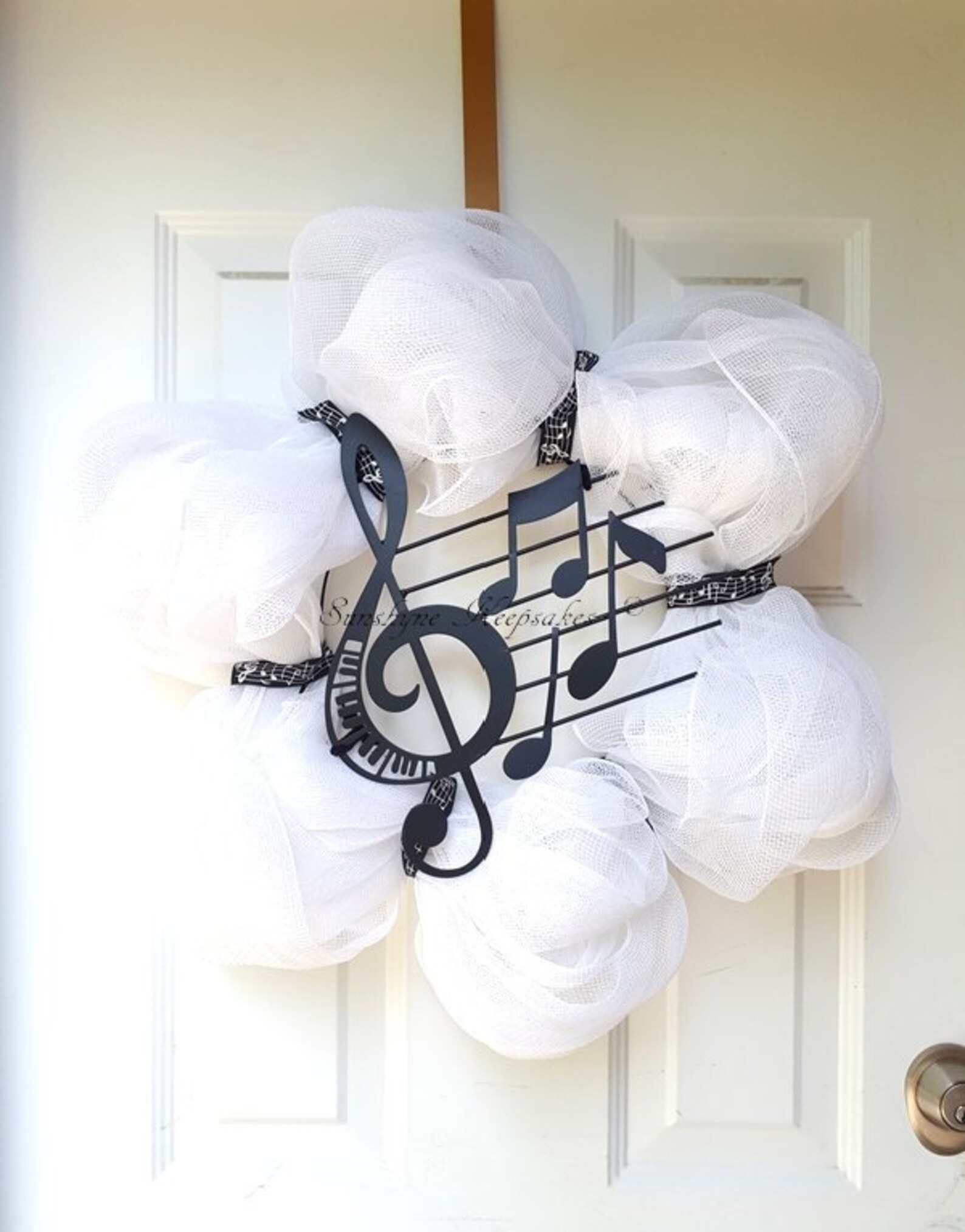 Musical Notes Deco Mesh Door Wreath, Silhouette White & Black Wreath ...