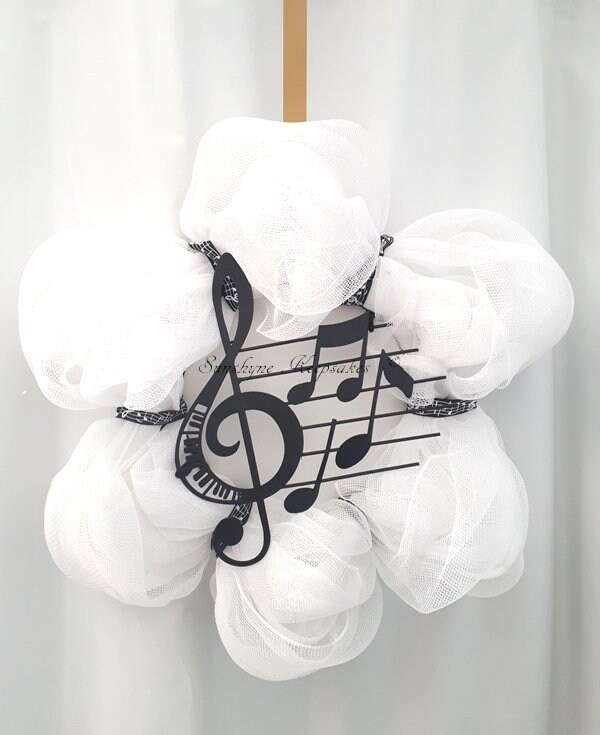 Musical Notes Deco Mesh Door Wreath, Silhouette White & Black Wreath ...