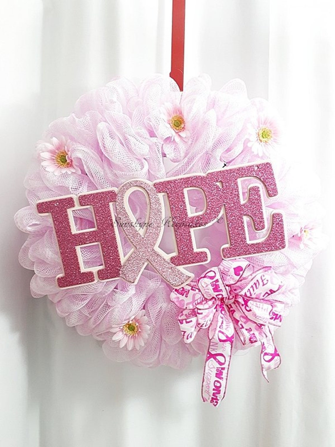 Pink Ribbon Cancer Awareness Deco Mesh Wreath, Home Decor handmade - Etsy