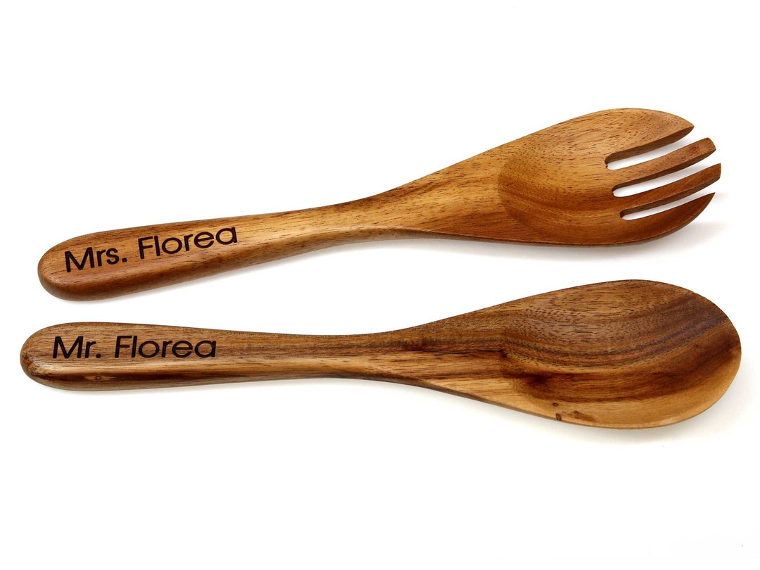 Engraved Acacia Wood Salad Spoons Set | Personalised Kitchen Gift for ...
