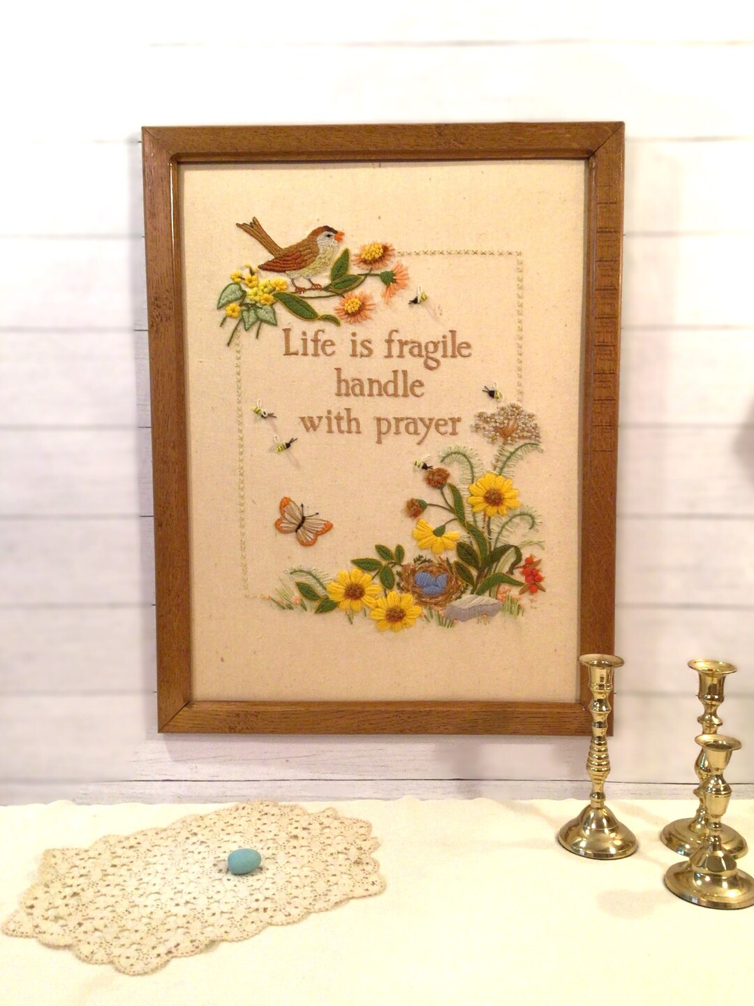 Vintage Embroidery, "life is Fragile..." Birds, Framed - Etsy
