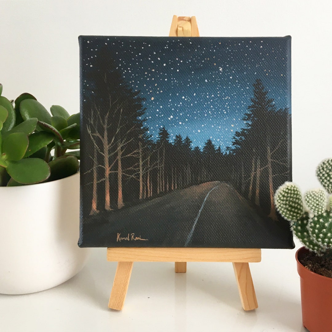 Night Sky With Stars Landscape Painting in Acrylic, 15cm by 15cm Canvas ...