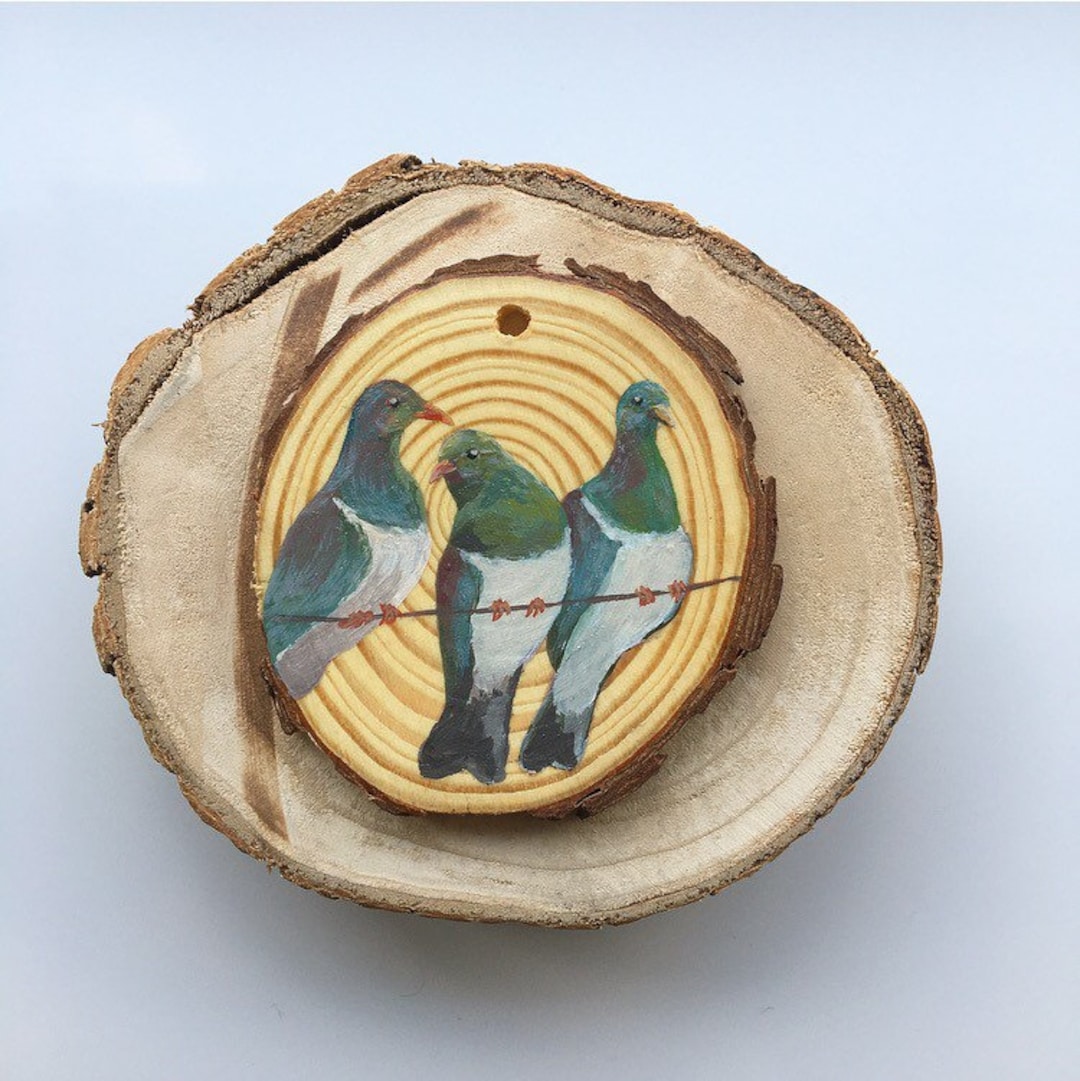 Kereru birds on a wood slice in acrylic, interior decor, fineart ...