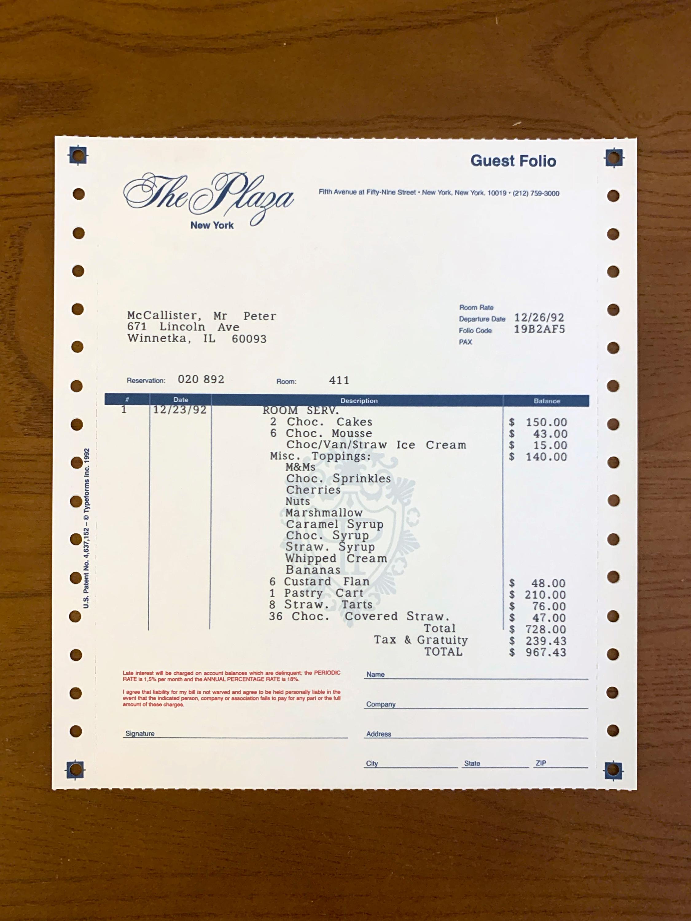 No Import Fees｜limited Edition｜the Plaza Hotel Folio Guest Bill From ...