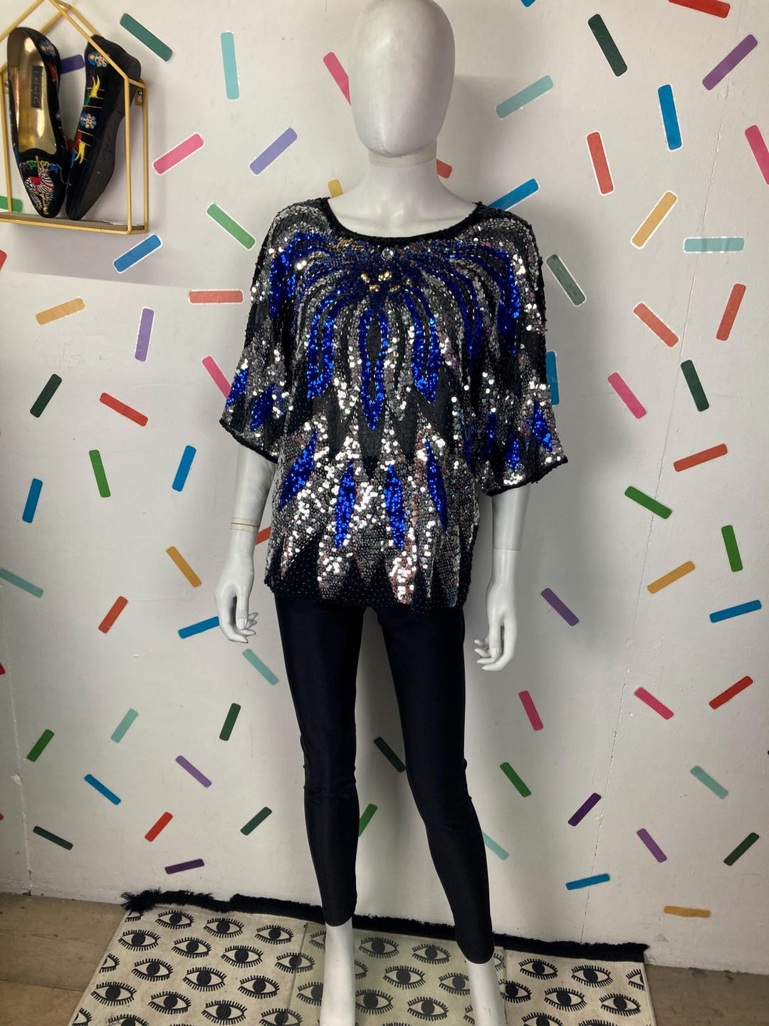 1980s True Vintage Butterfly Design Batwing Sequin Top Silver Blue Size ...