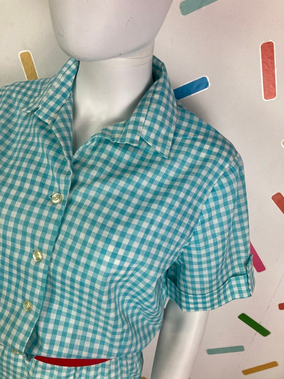80s vintage blue / white check short sleeve midi dres… - Gem