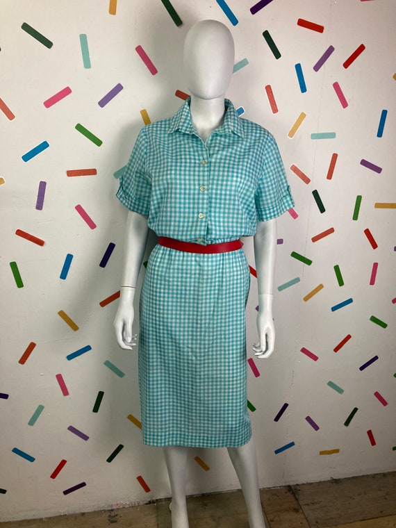 80s vintage blue / white check short sleeve midi dres… - Gem