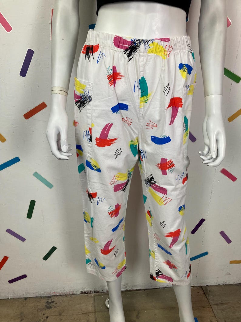 1980s True Vintage White Scribble Design Cropped Trousers Size 8/10 - Etsy