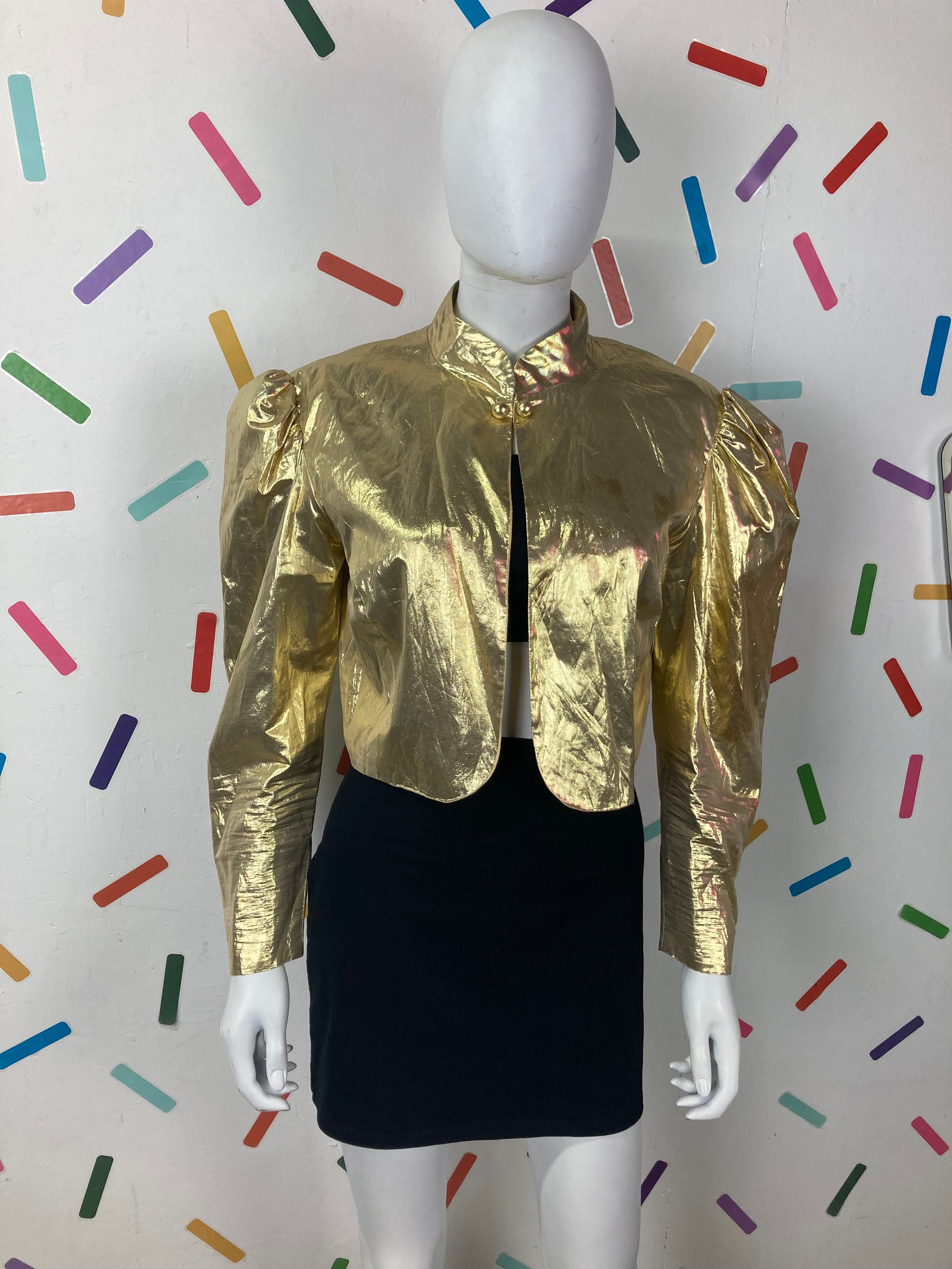 1980s true vintage gold cropped puff shoulder design jacket size 12