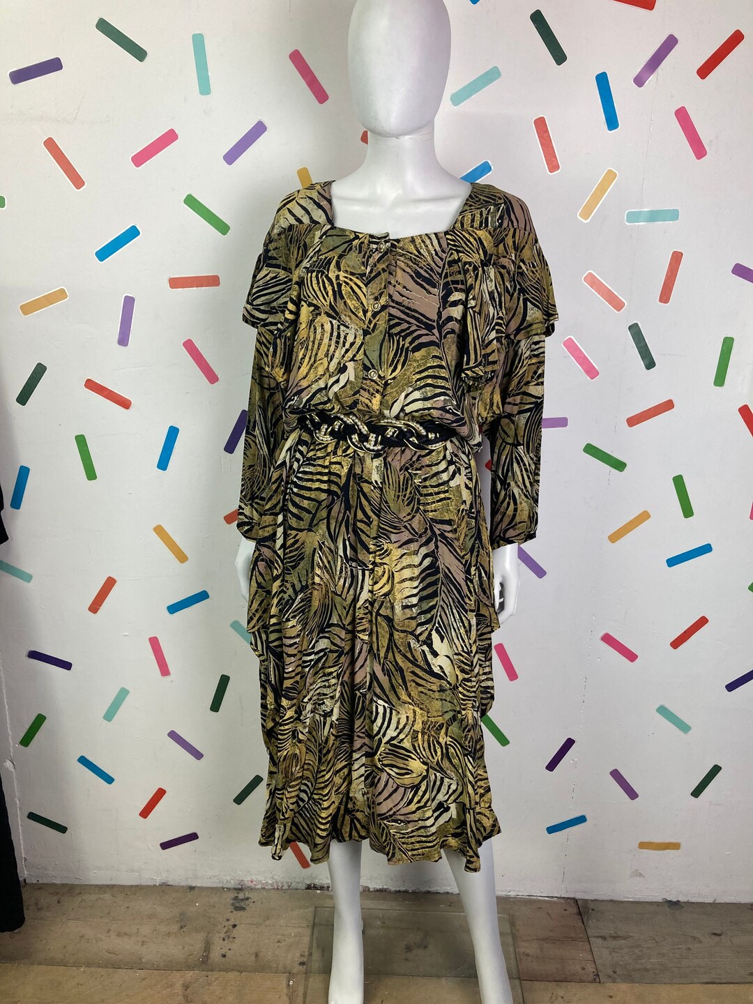 1980s True Vintage Animal Print Design Frill Midi Dress Size up to 16/ ...
