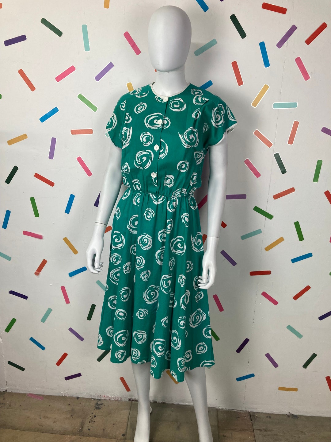 1980s Does 50s Vintage Cotton Midi Dress: Green Swirl, Size 14 - Etsy