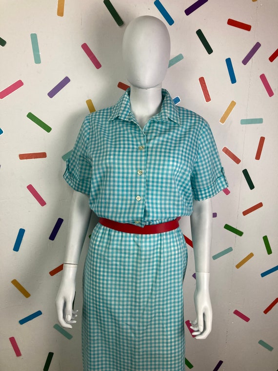 80s vintage blue / white check short sleeve midi dres… - Gem