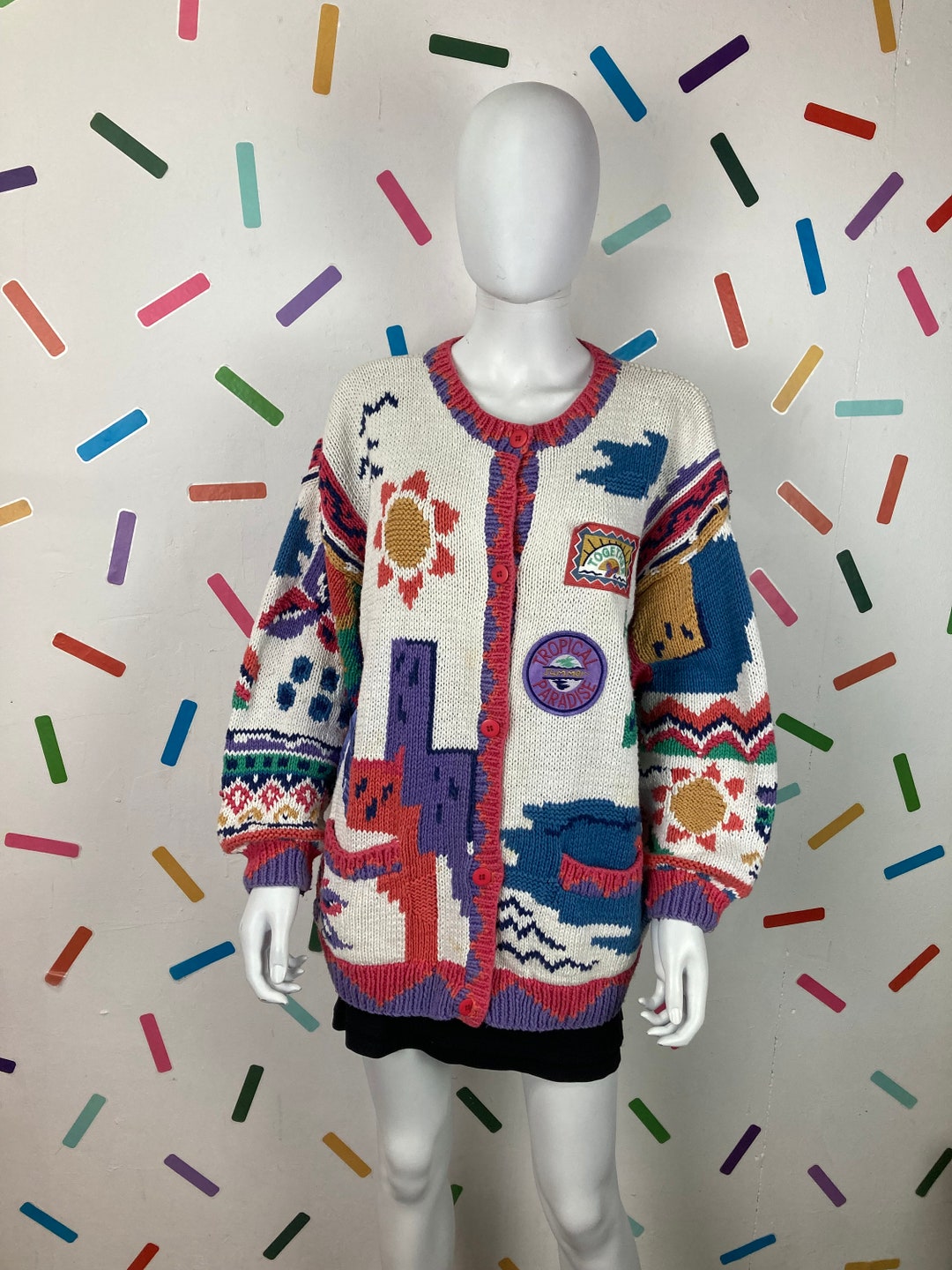 1980s True Vintage Palm Tree / City Scape Design Knitted Cardigan With ...