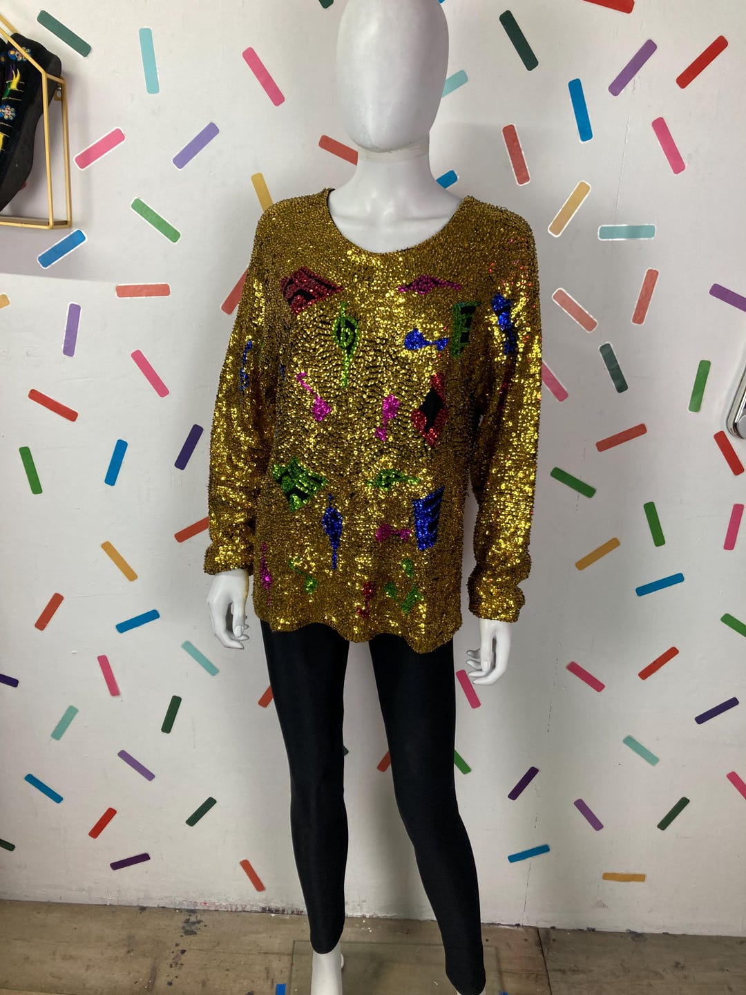 1980s True Vintage Musical Note Gold Sequin Long Sleeve Top Size 12/14 ...