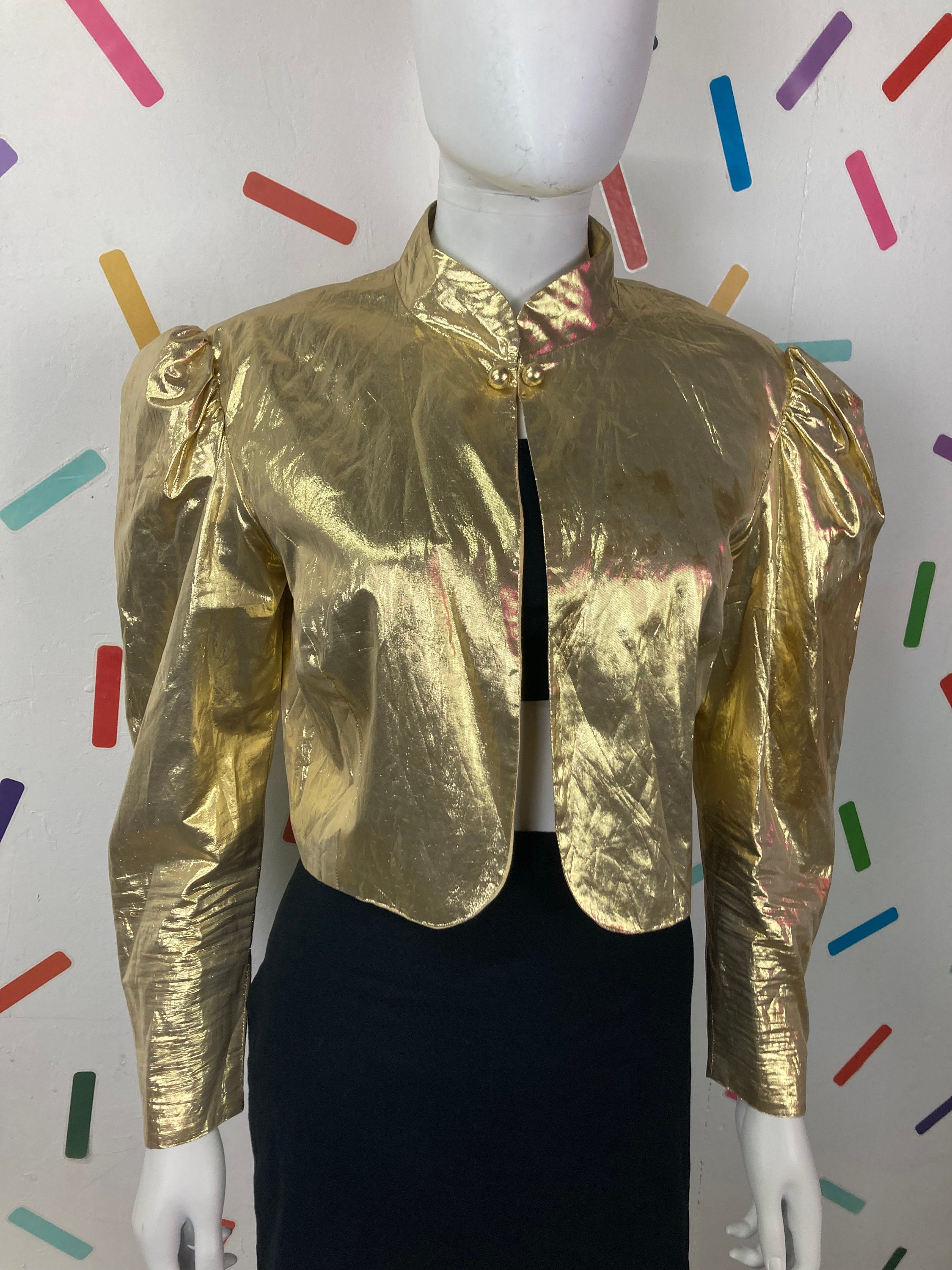 1980s true vintage gold cropped puff shoulder design jacket size 12