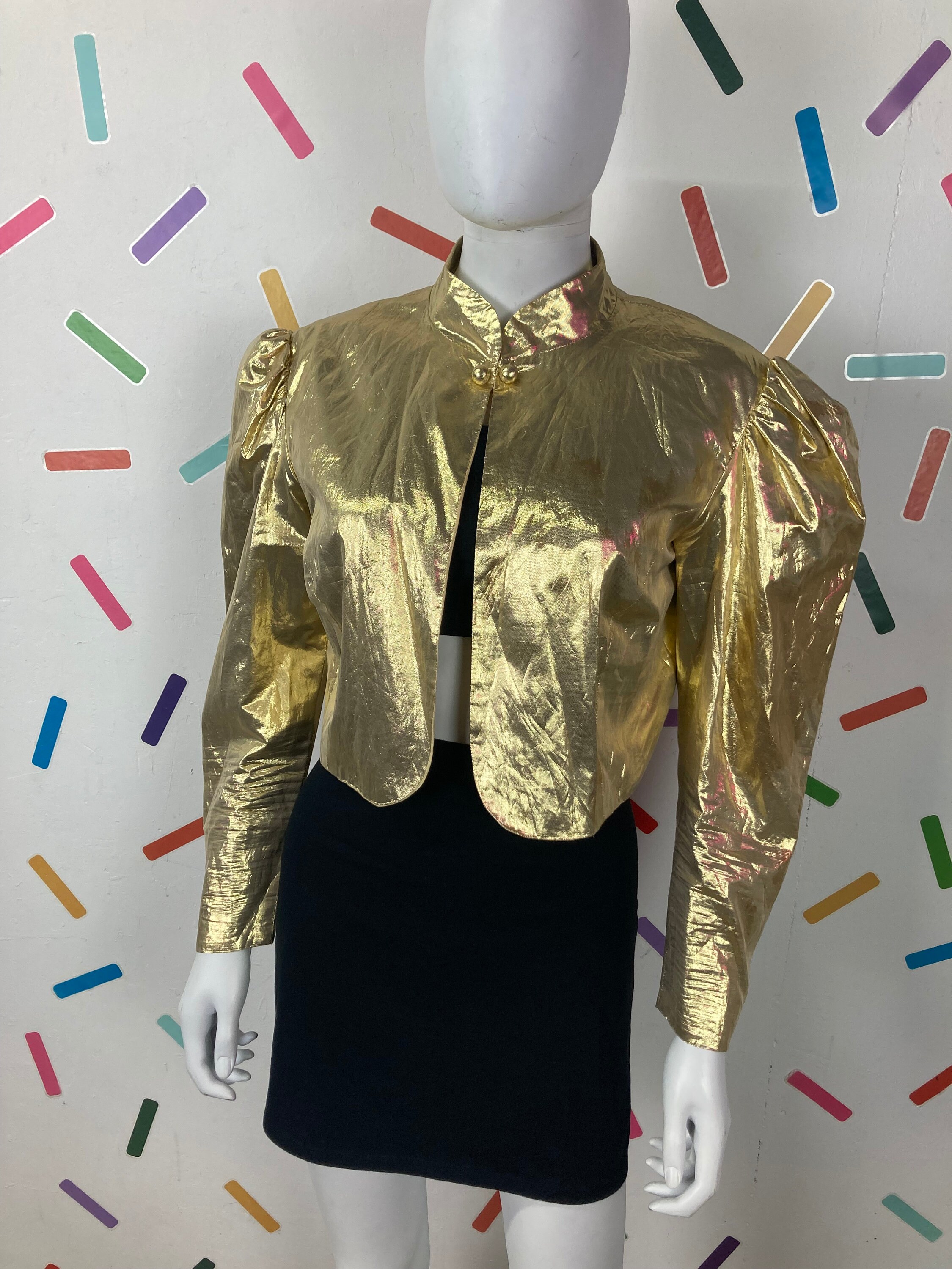 1980s true vintage gold cropped puff shoulder design jacket size 12
