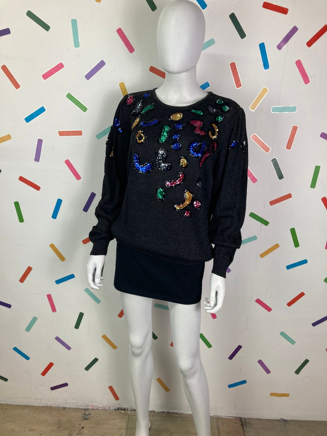 1980s Vintage Sparkle Design Knitted Jumper With Sequin Animal Print ...
