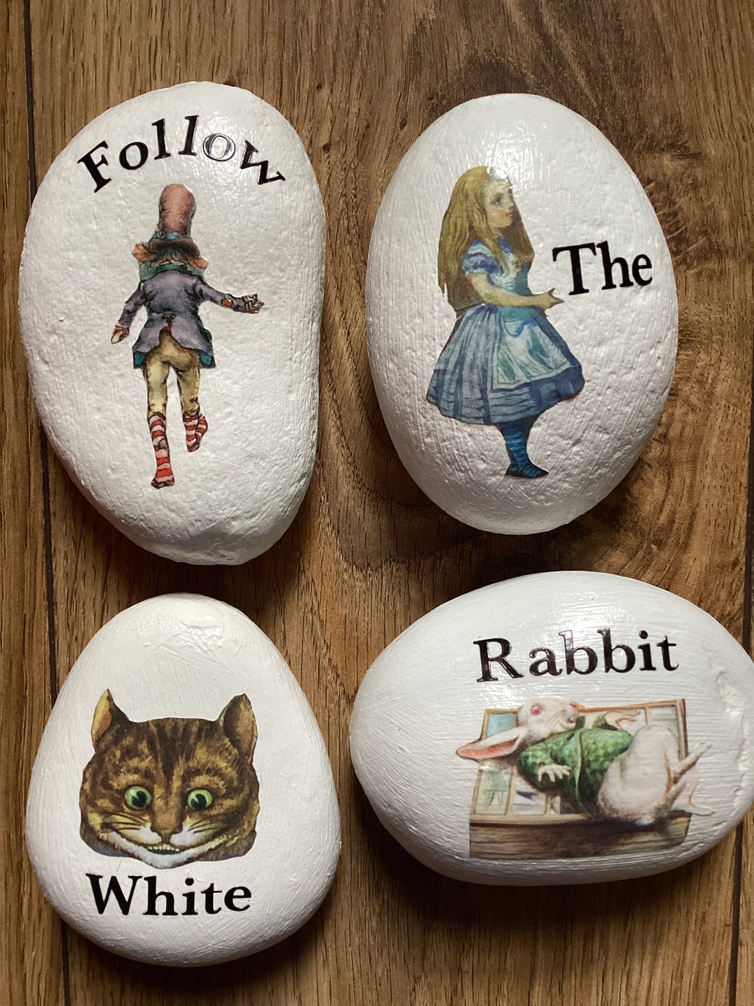 Decoupaged Pebbles. Hand Painted Rocks.alice in Wonderland. Down the ...