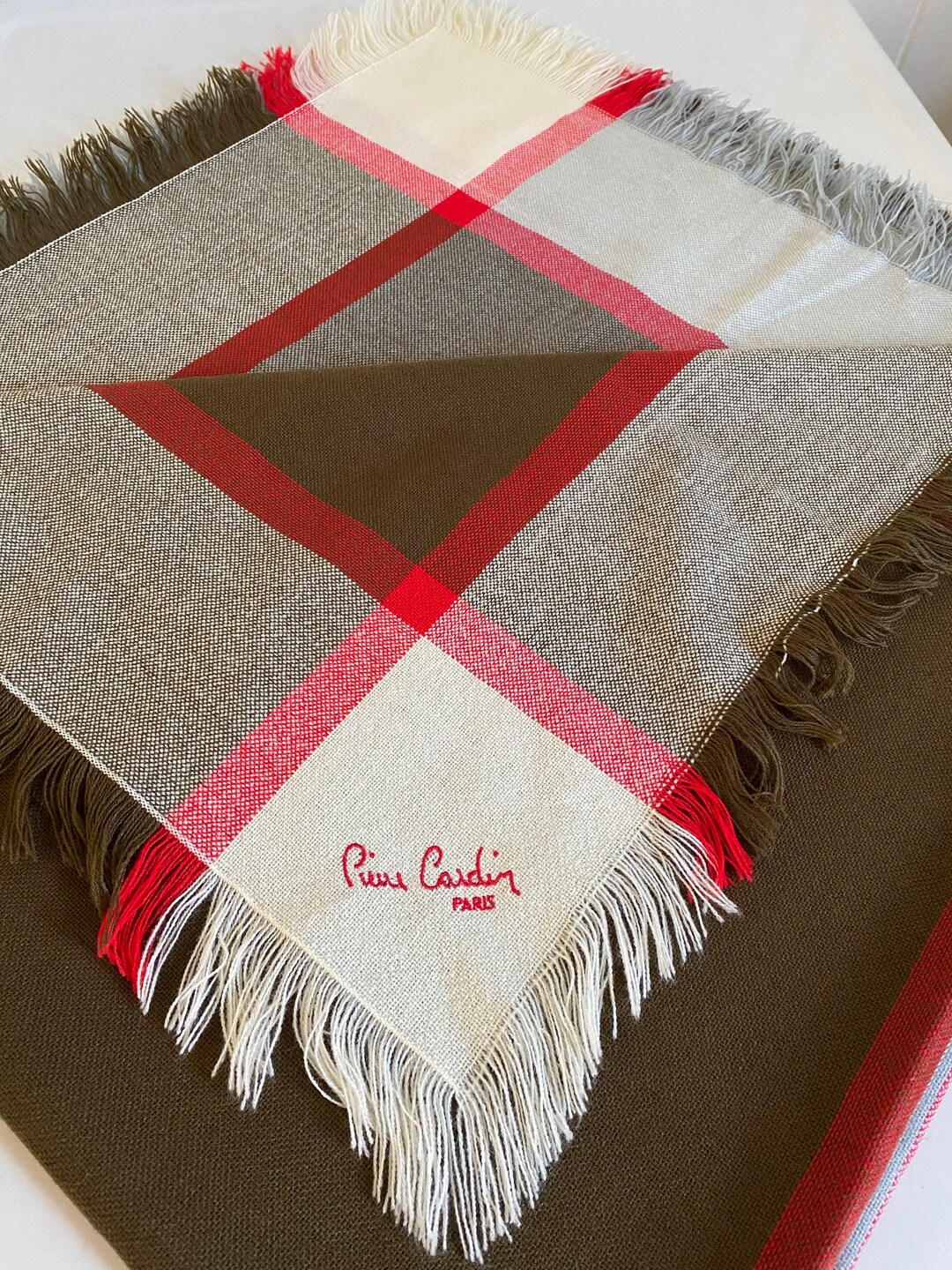 Huge Vintage Woven Pierre Cardin Scarf, Check in Brown, Grey, Red ...
