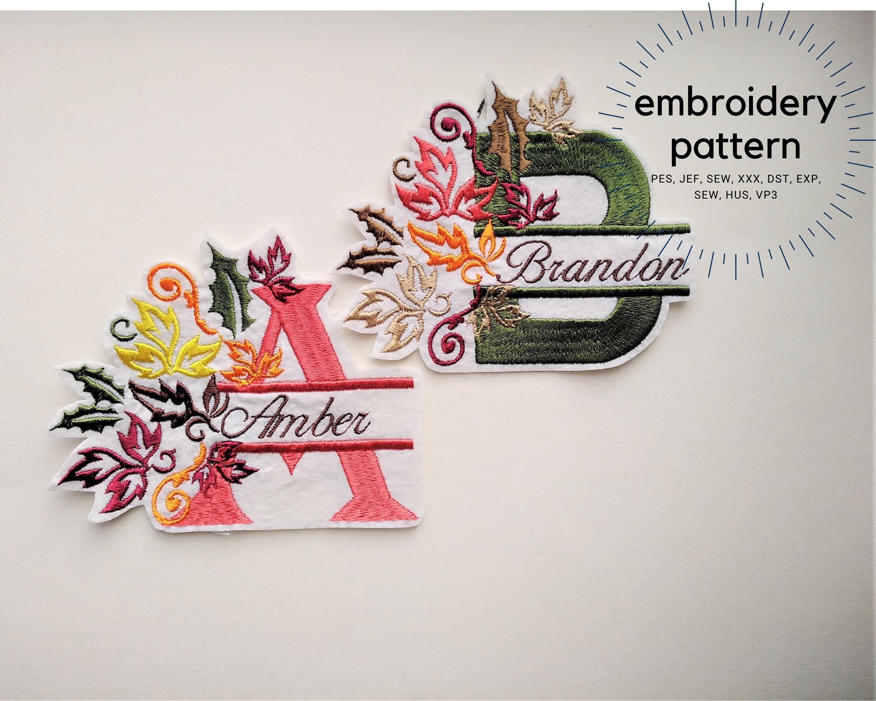 Autumn Letter Designs, Split Letter Monogram Embroidery Patterns, Fall ...