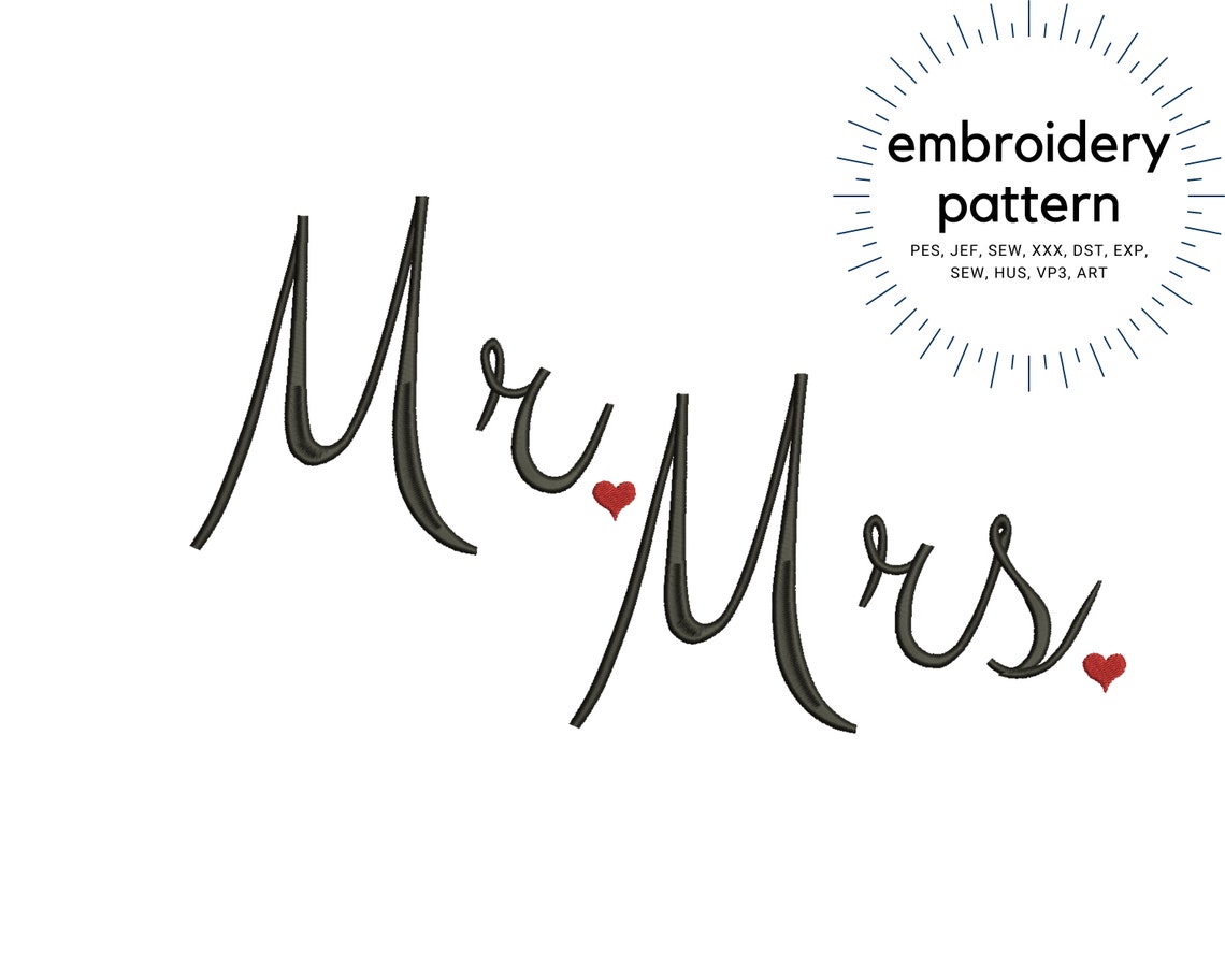 Mr. Mrs. Script With Heart Period Machine Embroidery Design | Etsy