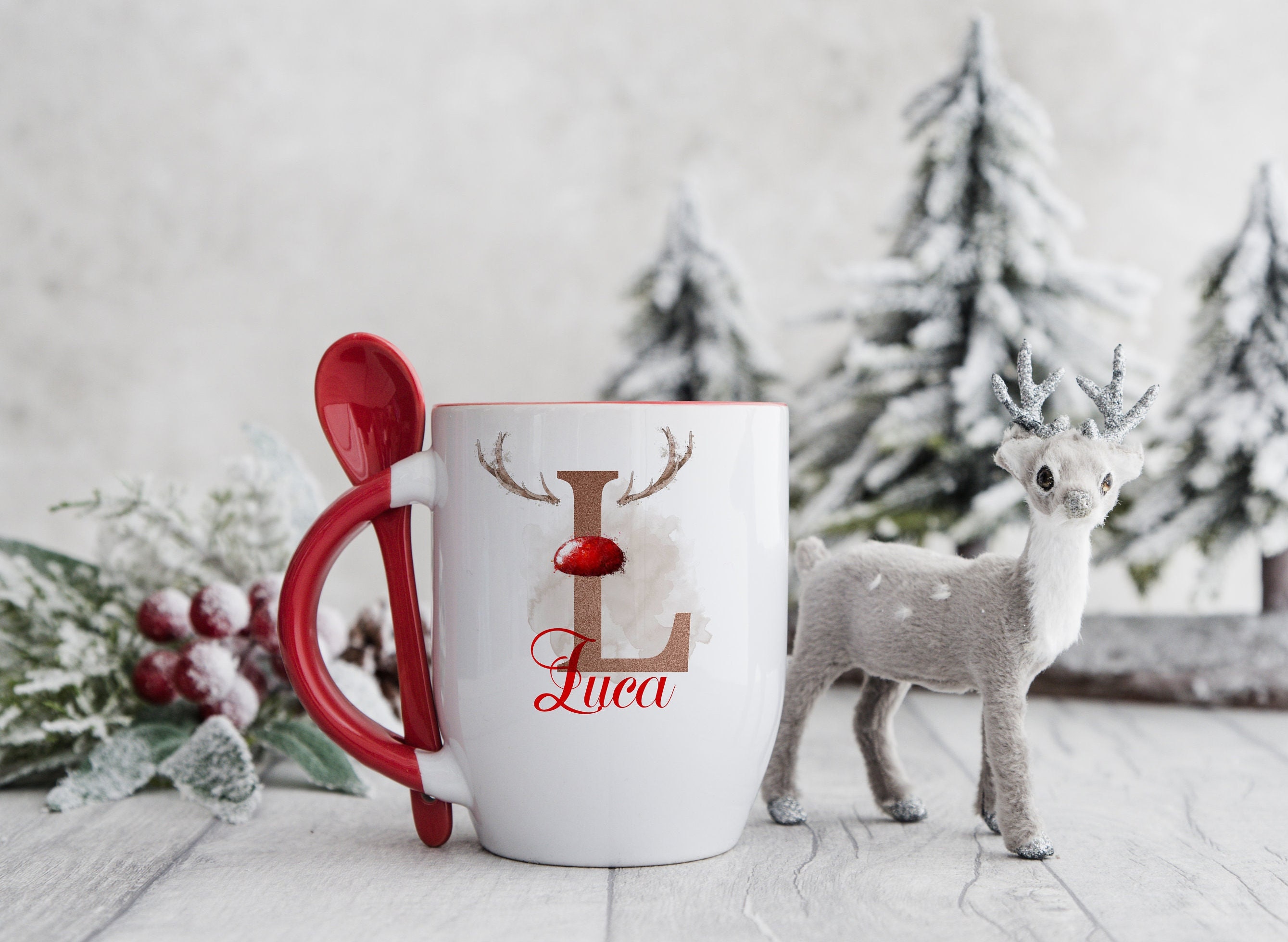 Red Handle Spoon Mug, Personalised Red Handle Spoon Mug, Hot Chocolate ...