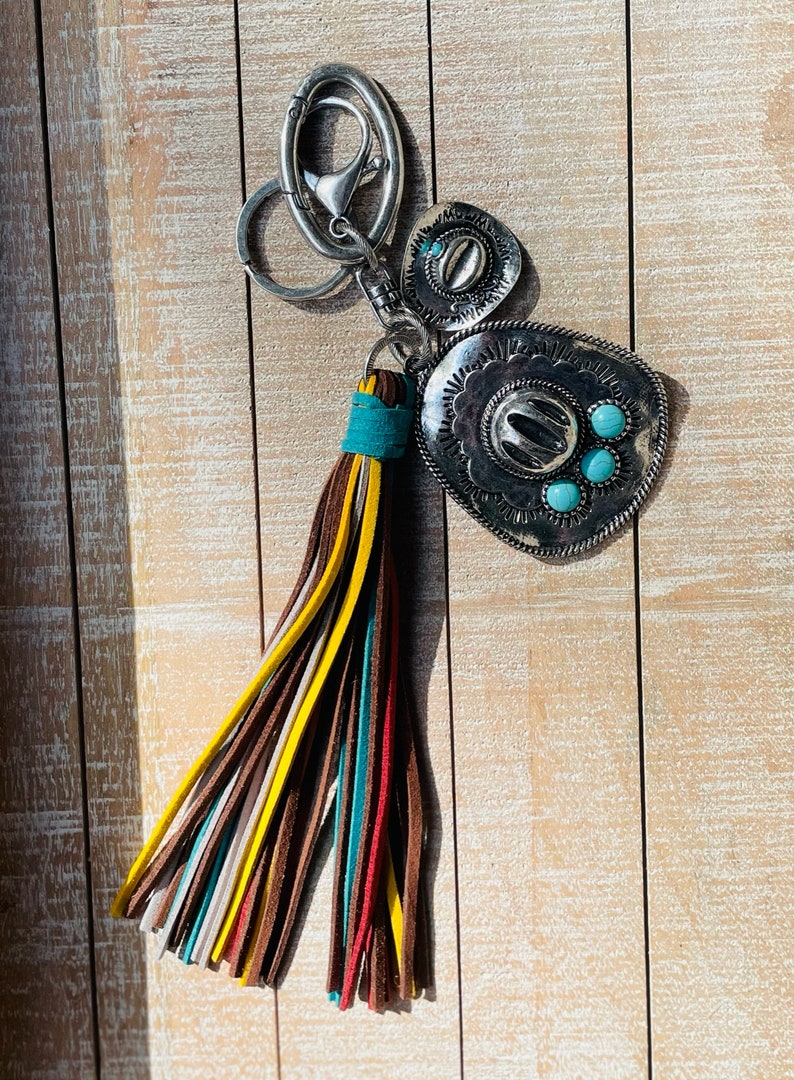 Western Keychain With Charm/ Cowboy Hat With Turquoise Accent and ...
