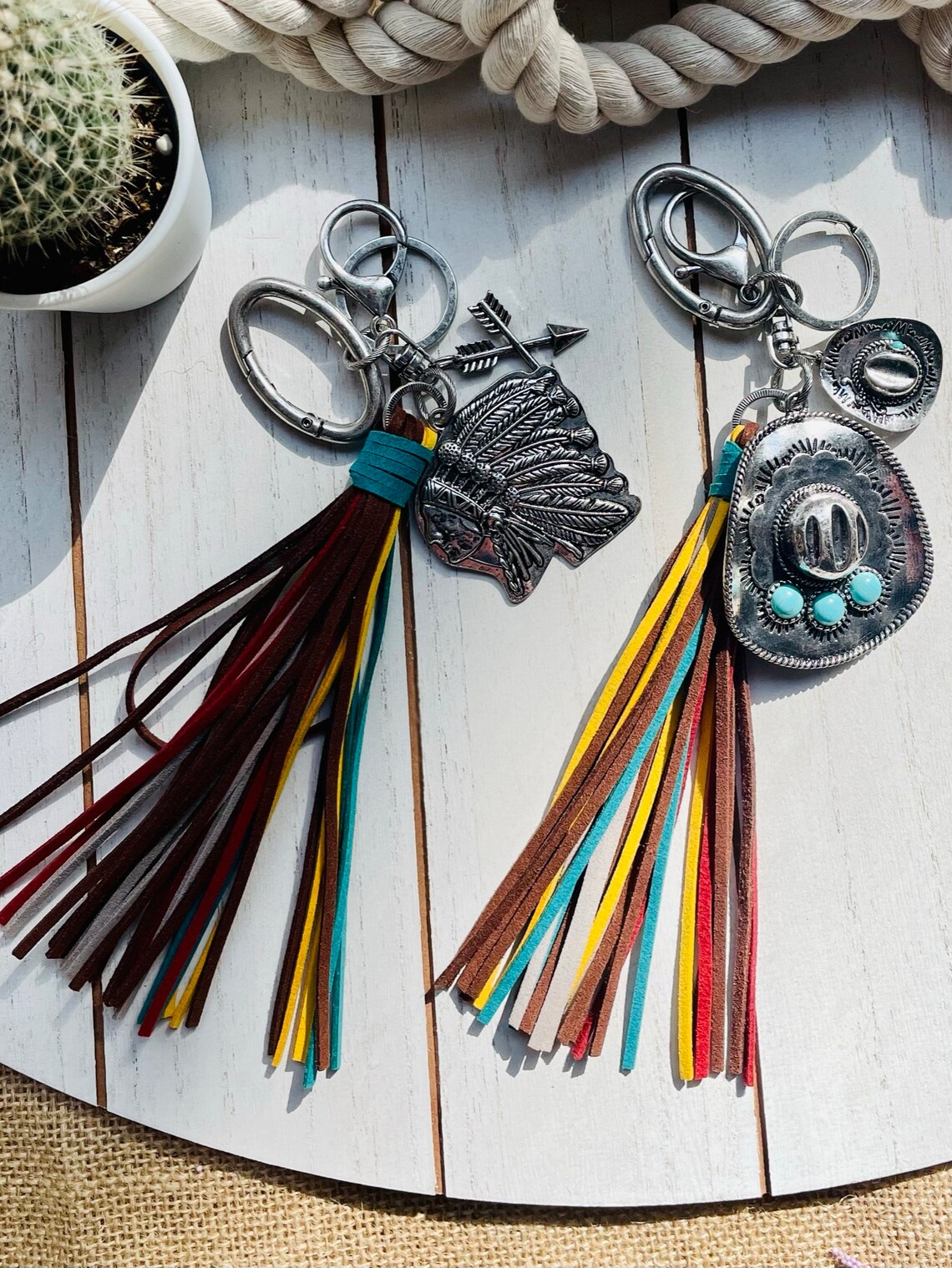 Western Keychain With Charm/ Cowboy Hat With Turquoise Accent and ...