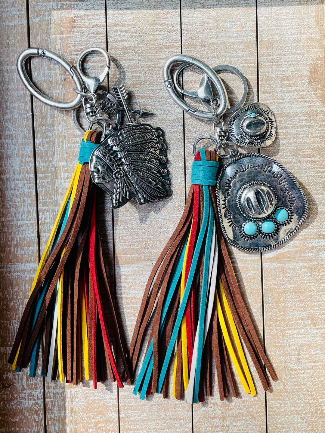 Western Keychain With Charm/ Cowboy Hat With Turquoise Accent and ...