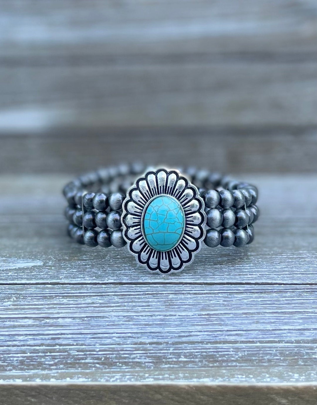 Western Turquoise Flower Concho Stretch Bracelet/3 Layers Metallic ...