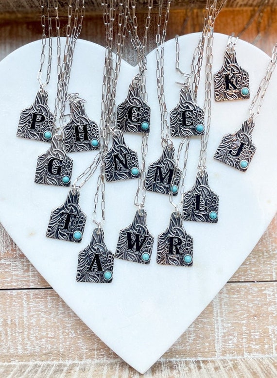 Western Initial Monogram Cattle Tag with Turquoise Necklace