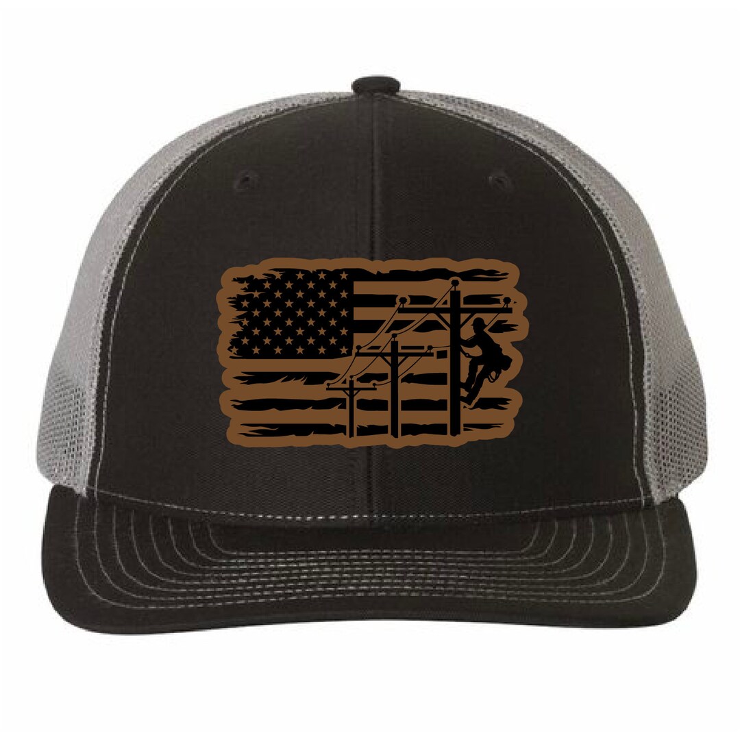 Lineman American Flag Cap, Leather Patch Hat, Journeyman Lineman Hat ...