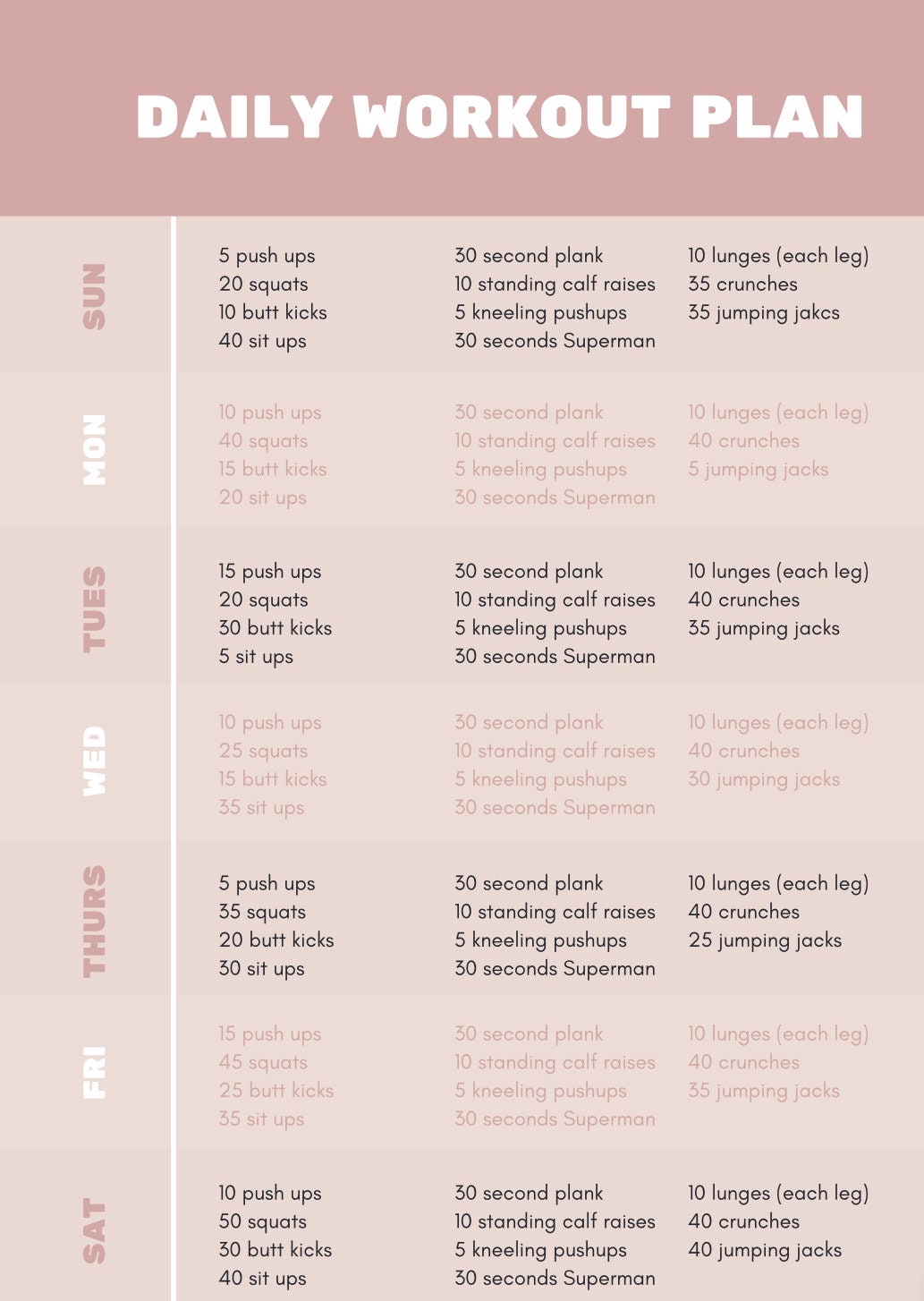 7 Days Workout Plan Print at home weekly workout plan US | Etsy