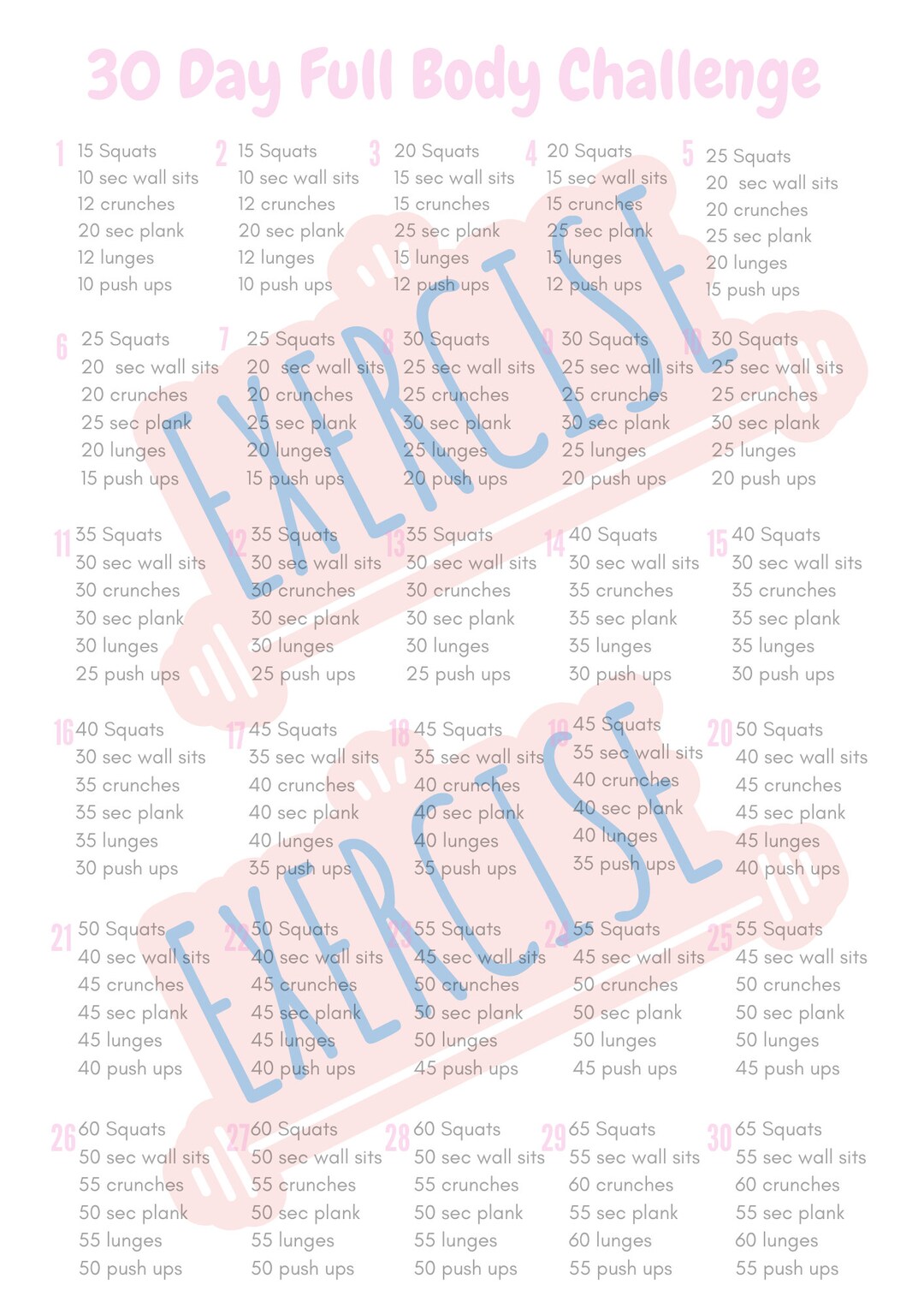 30 Days FULL BODY Workout Plan Print at Home Monthly Workout Plan US ...